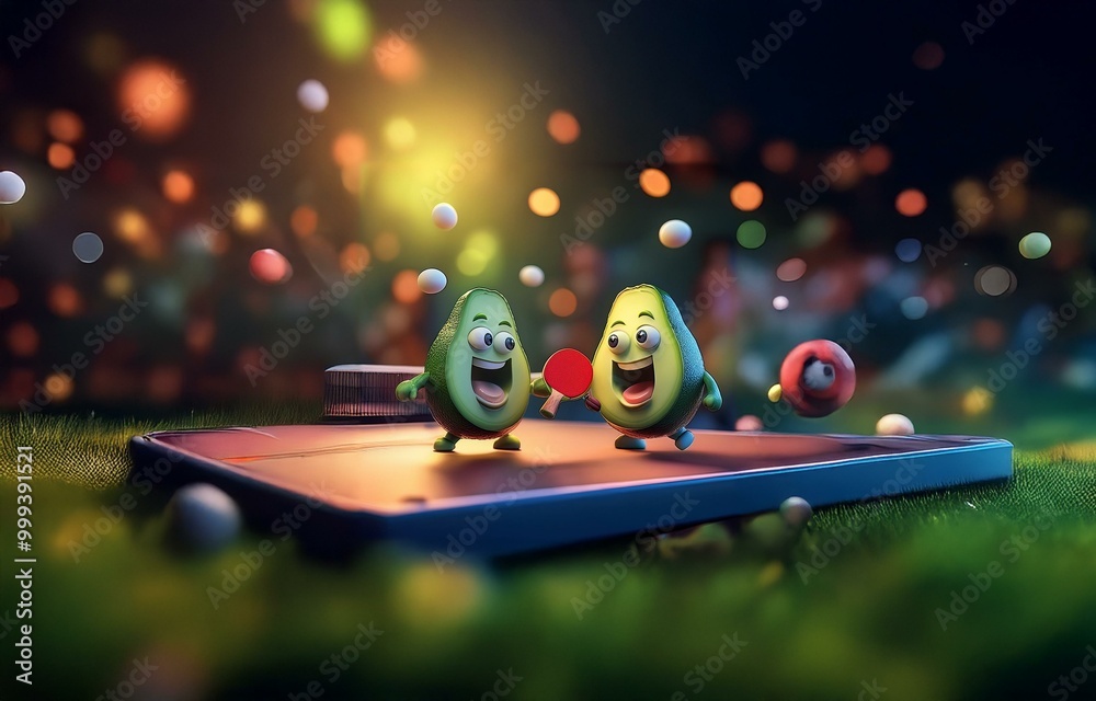 Two avocado characters are playing ping pong on a table with a blurry ...