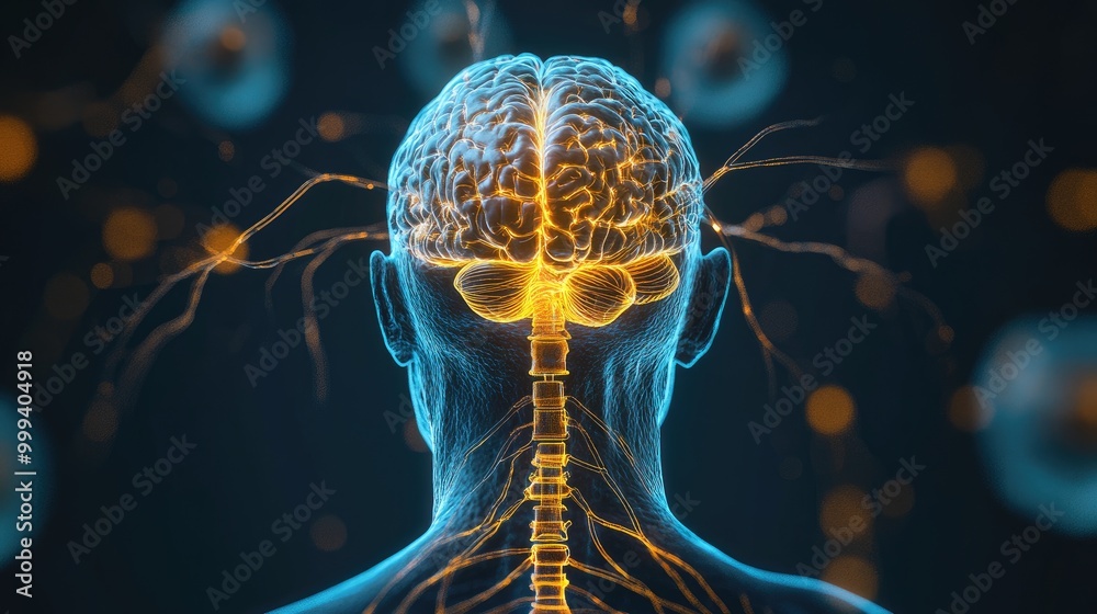 Nervous system, brain and spinal cord highlighted, intricate neuron ...