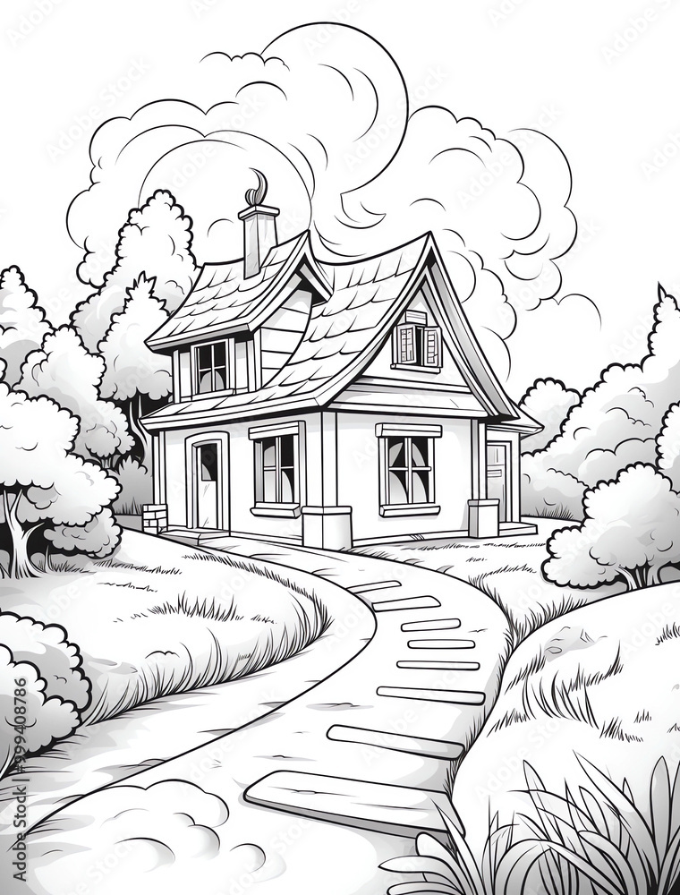 Coloring page for kids, a very cute house in the middle of nature with ...