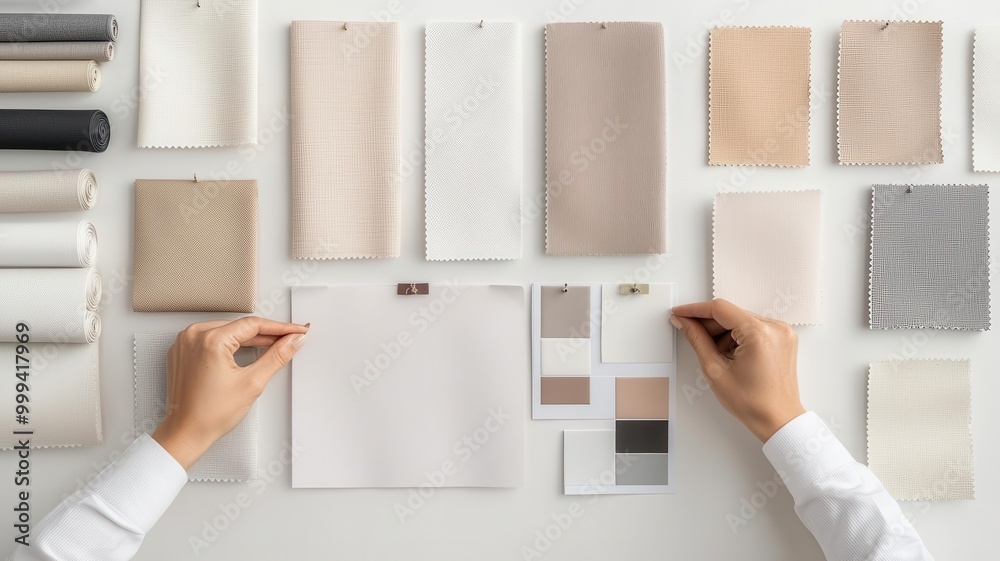 Designers pinning fabric samples and color swatches to a bulletin board ...