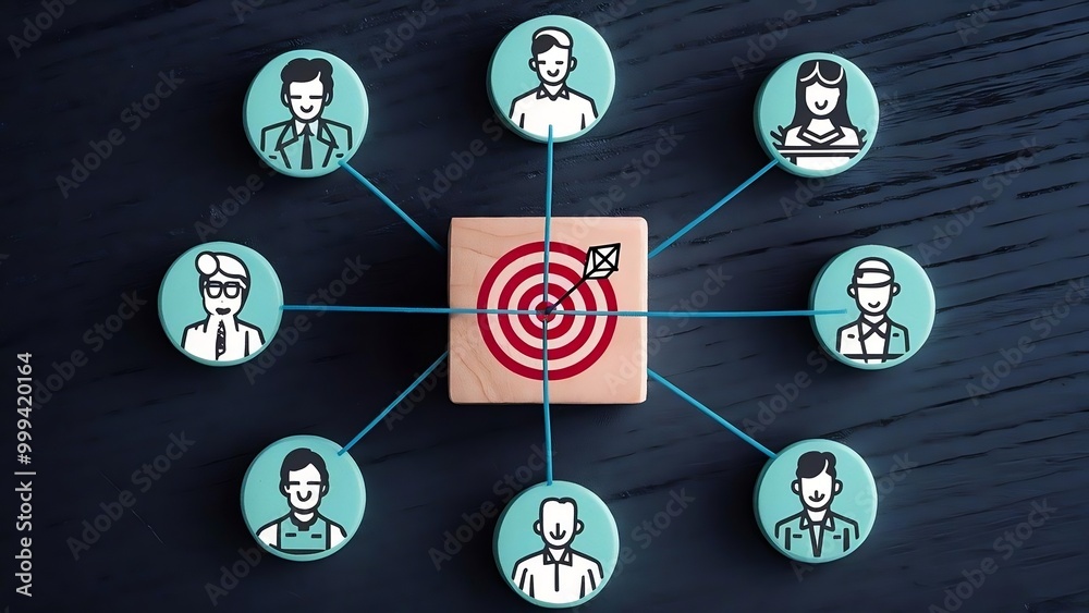 A central wooden block with a target illustration connects to six ...