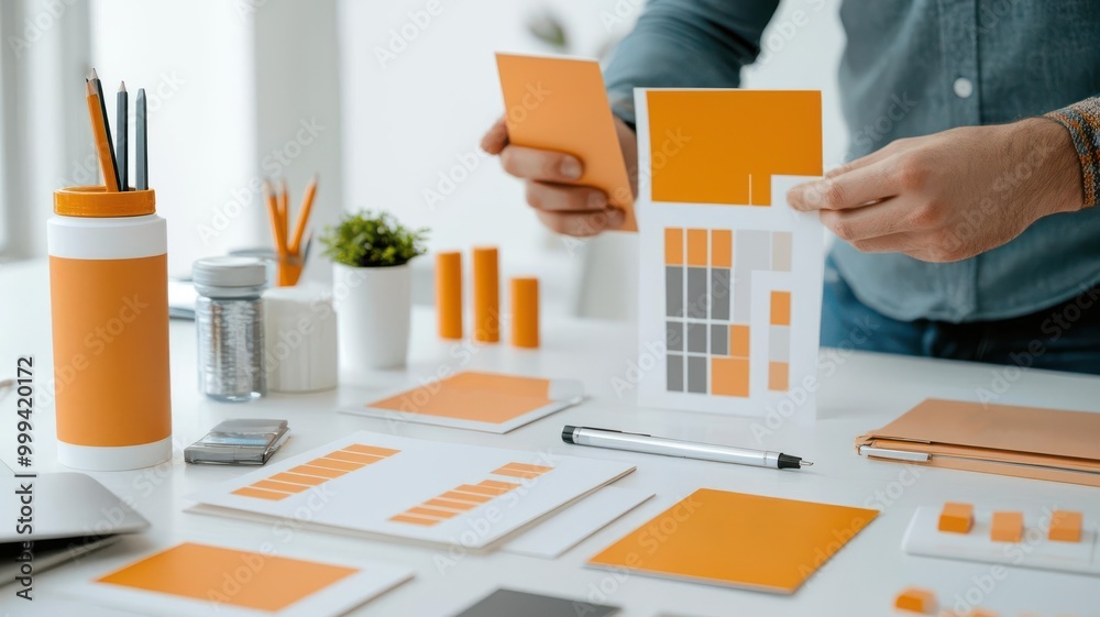 Group of designers analyzing logo placement on different materials ...