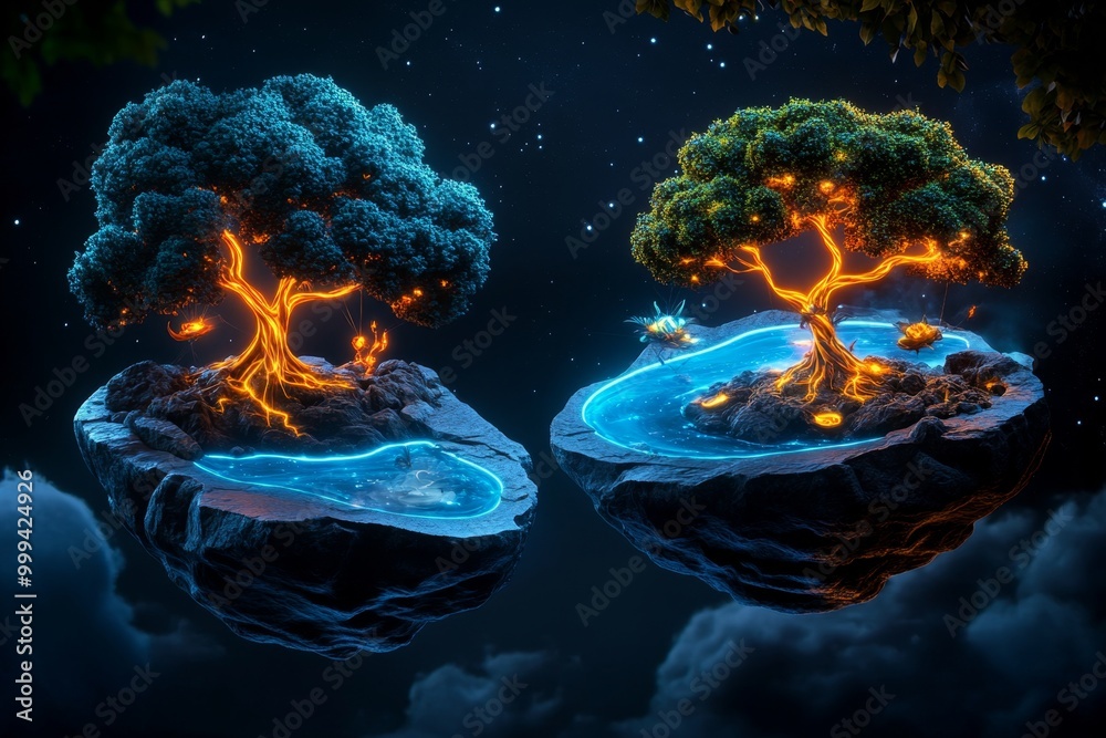 Fantasy world inside the mind, with floating islands, magical creatures ...