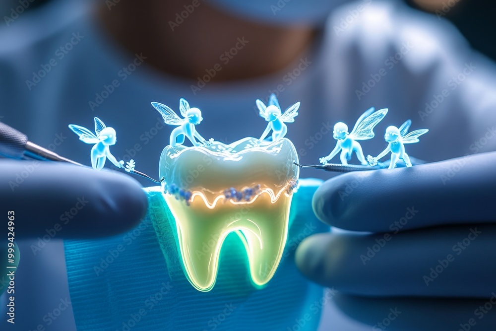 Fantasy world where teeth are healed by magical creatures, with tiny ...