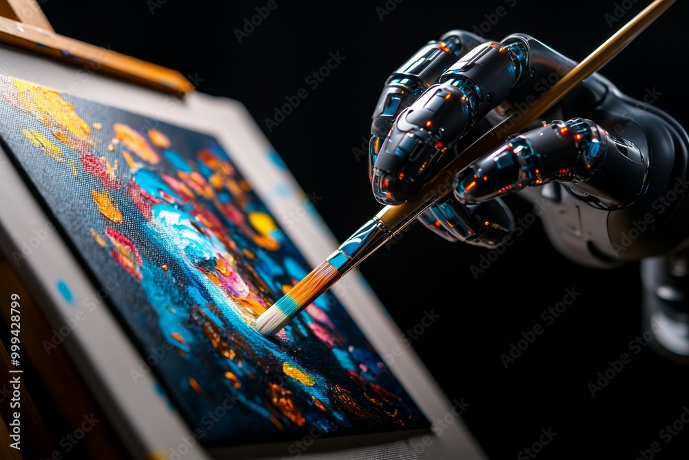 Robotic arm creating art, using a paintbrush to work on a canvas ...