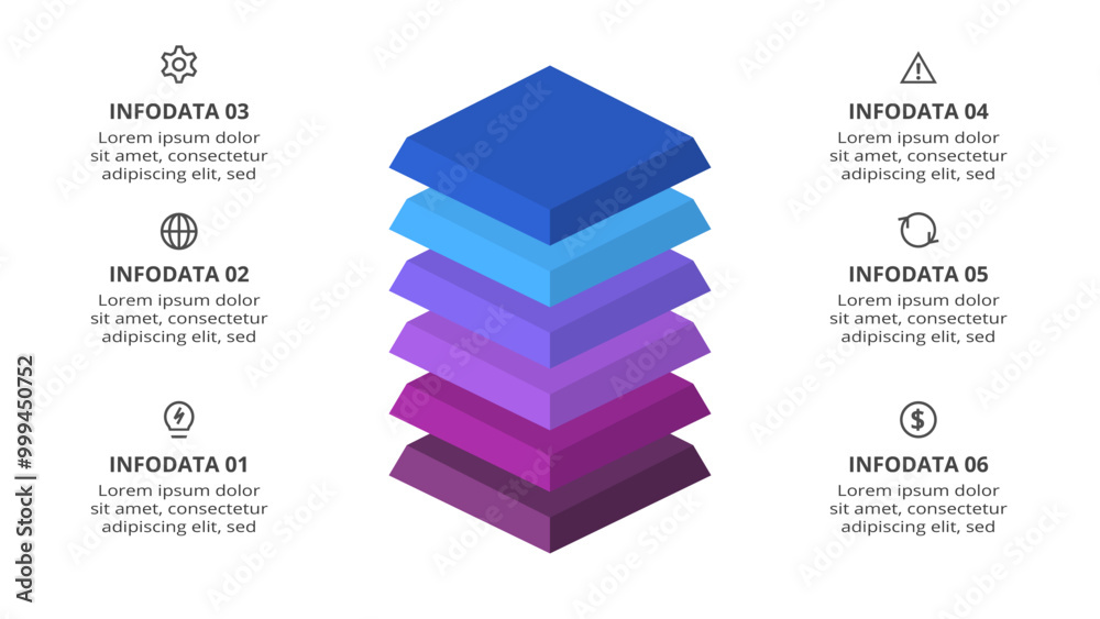3D vector infographic pyramid, or comparison chart with 6 colorful ...