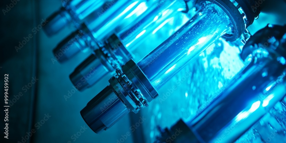 uranium fuel rods in a nuclear reactor, with blue Cherenkov radiation ...