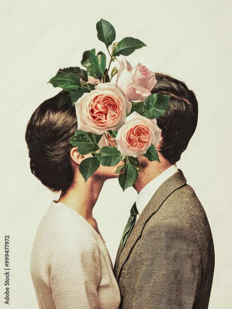 An artistic portrayal of a couple kissing with roses covering their ...