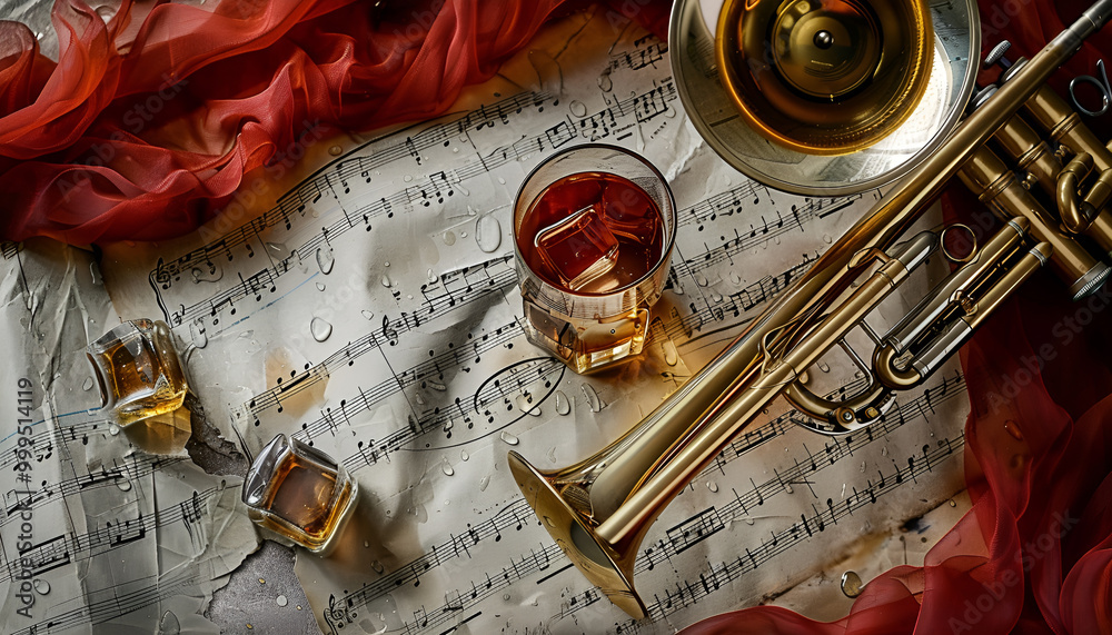top view of sheet music background with a trumpet, red dress, glass of ...