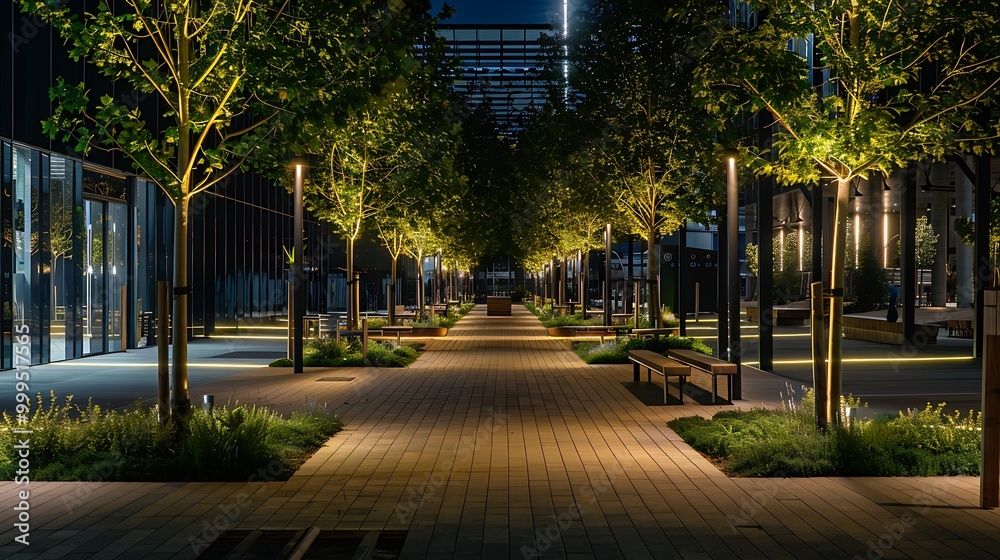Long walkway at night lined with trees and benches with streetlights ...