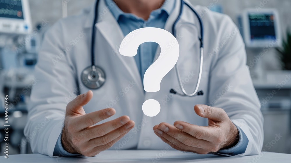 Question mark concept. A doctors holding a white question mark while ...