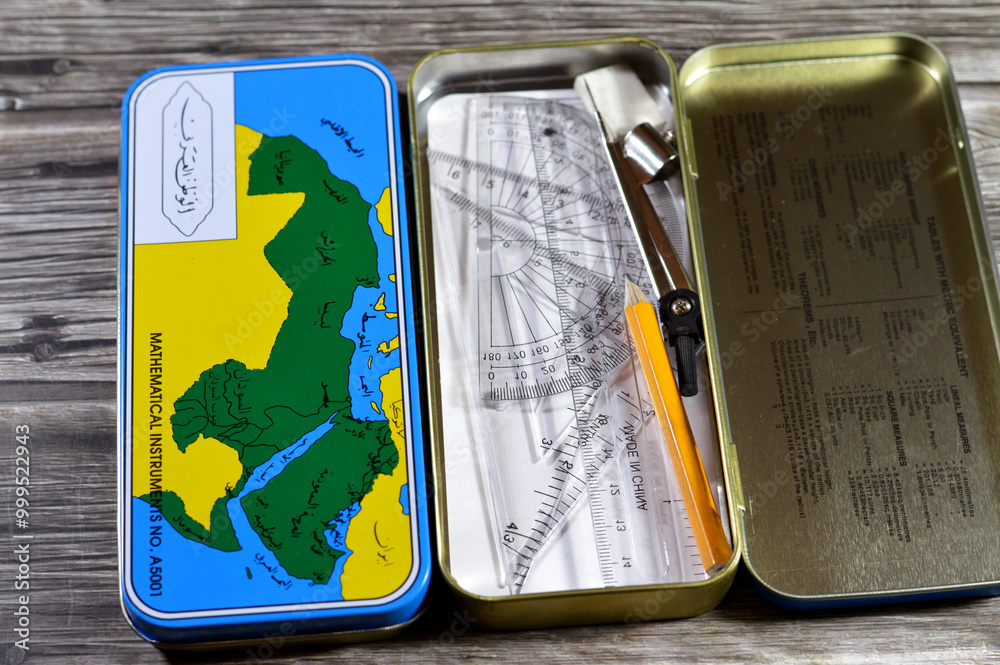 Cairo, Egypt, September 13 2024: Mathematical instrument box, geometry ...