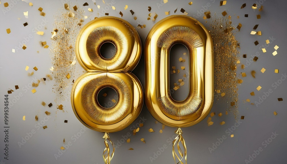 Gold birthday / anniversary balloon, number 80, white background with ...