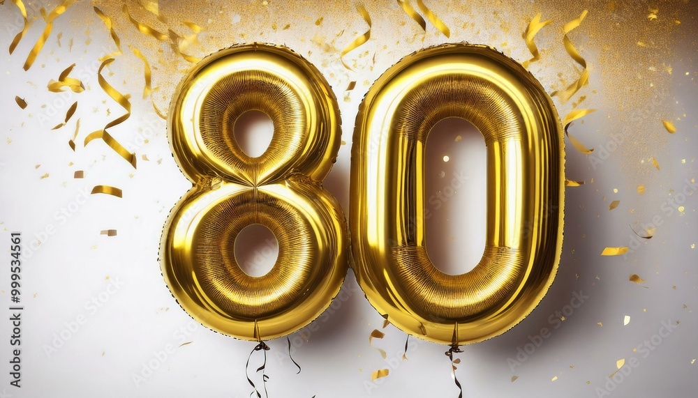 Gold birthday / anniversary balloon, number 80, white background with ...