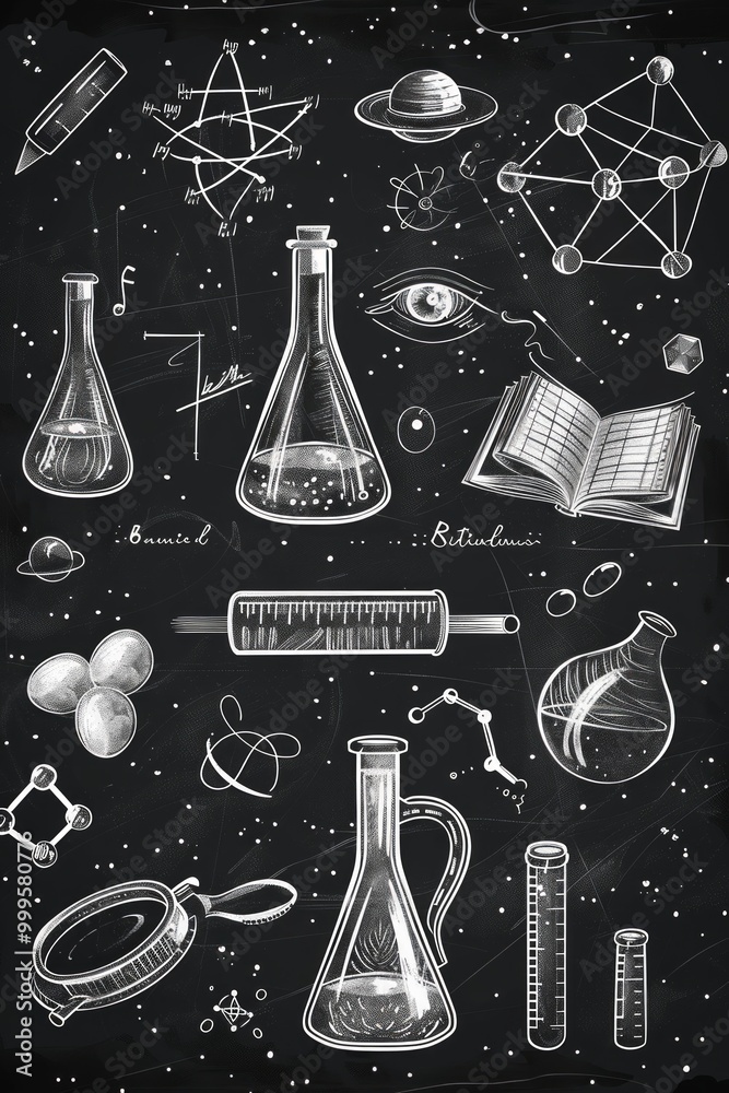 Scientific elements and symbols illustrated on a black chalkboard ...