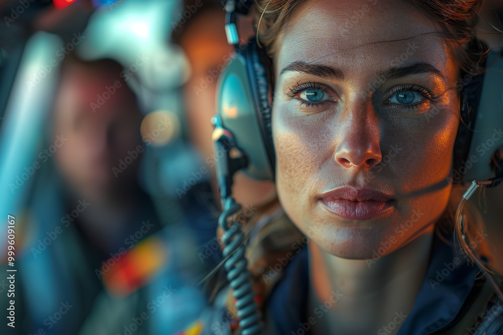 Female pilot with striking blue eyes sits inside the cockpit of a ...