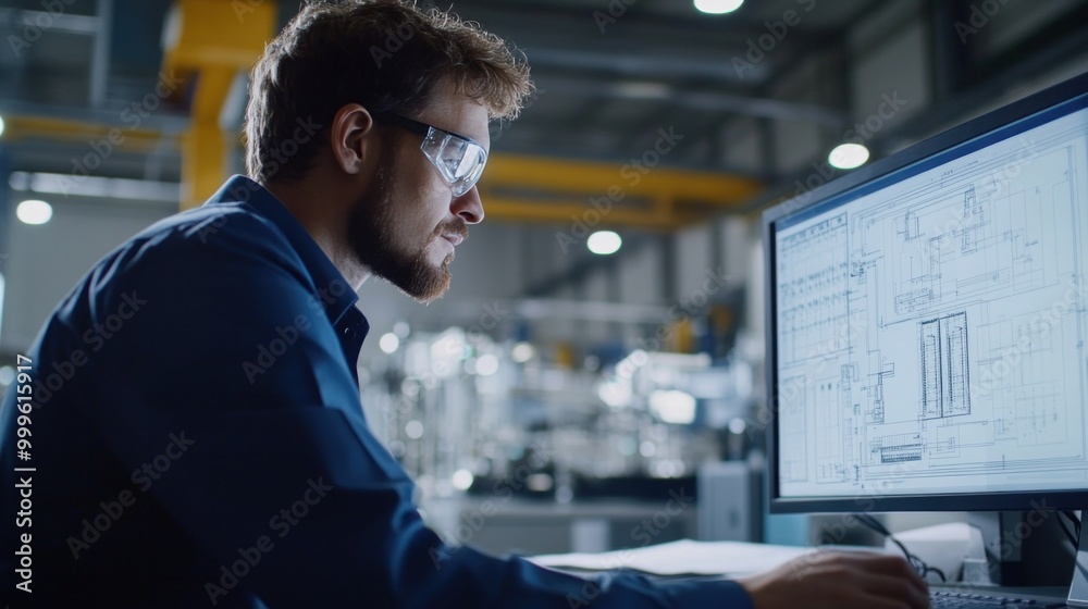 Male industrial engineer reviewing electrical schematics at a factory ...