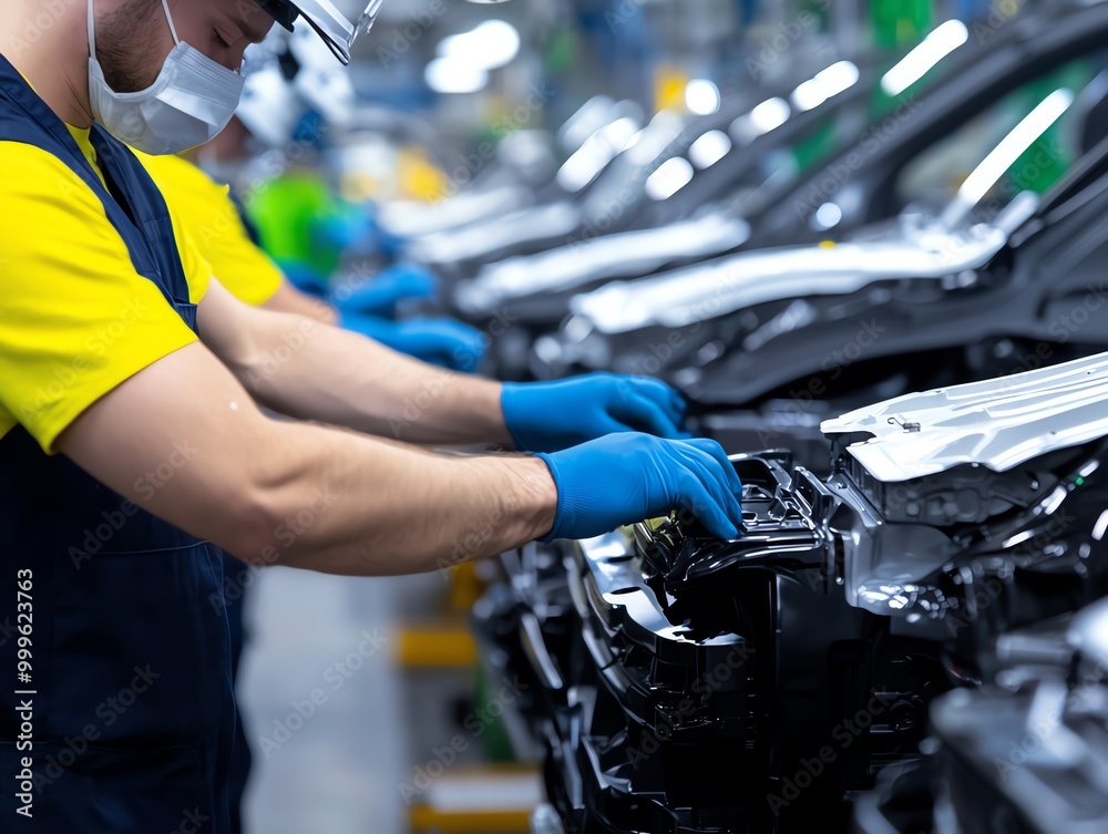 Worker assembling vehicle components in a factory. Focused ...