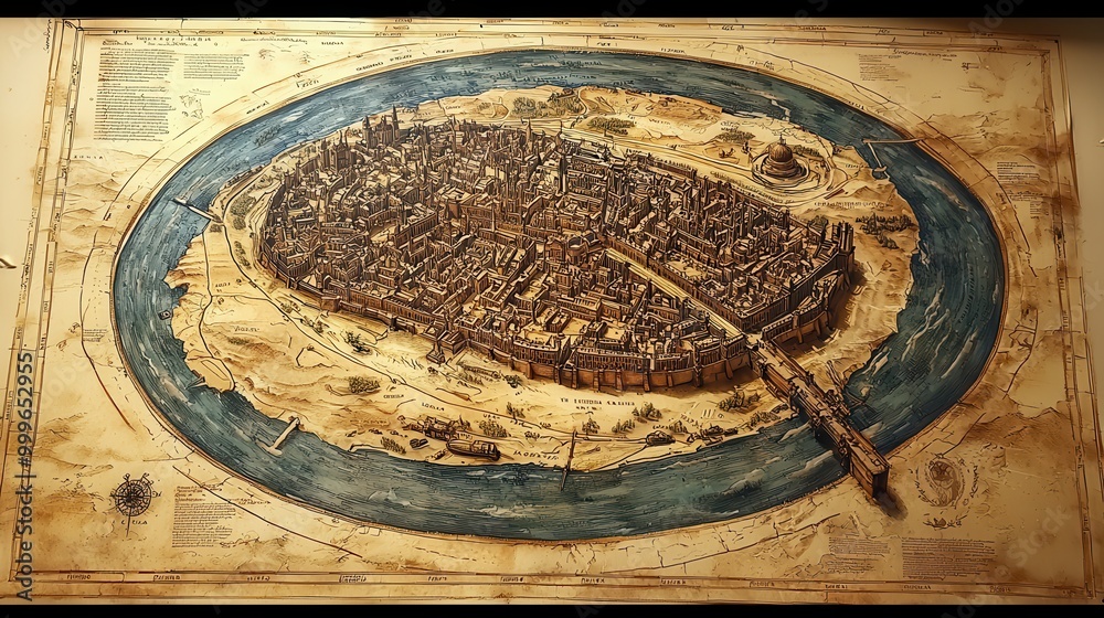 Historic Map of a Medieval Island City Landscape Stock Illustration ...