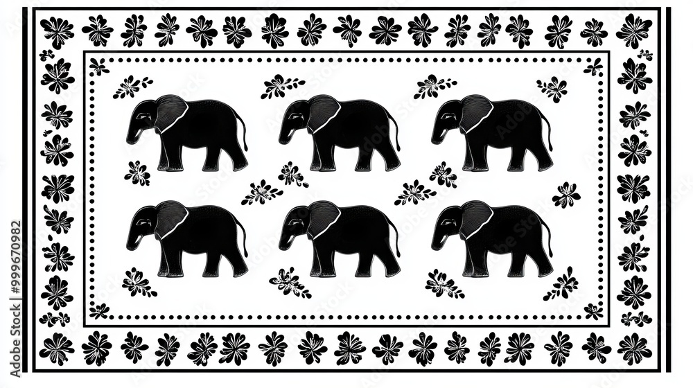 Black and white rug design with five elephants walking in a row with a ...