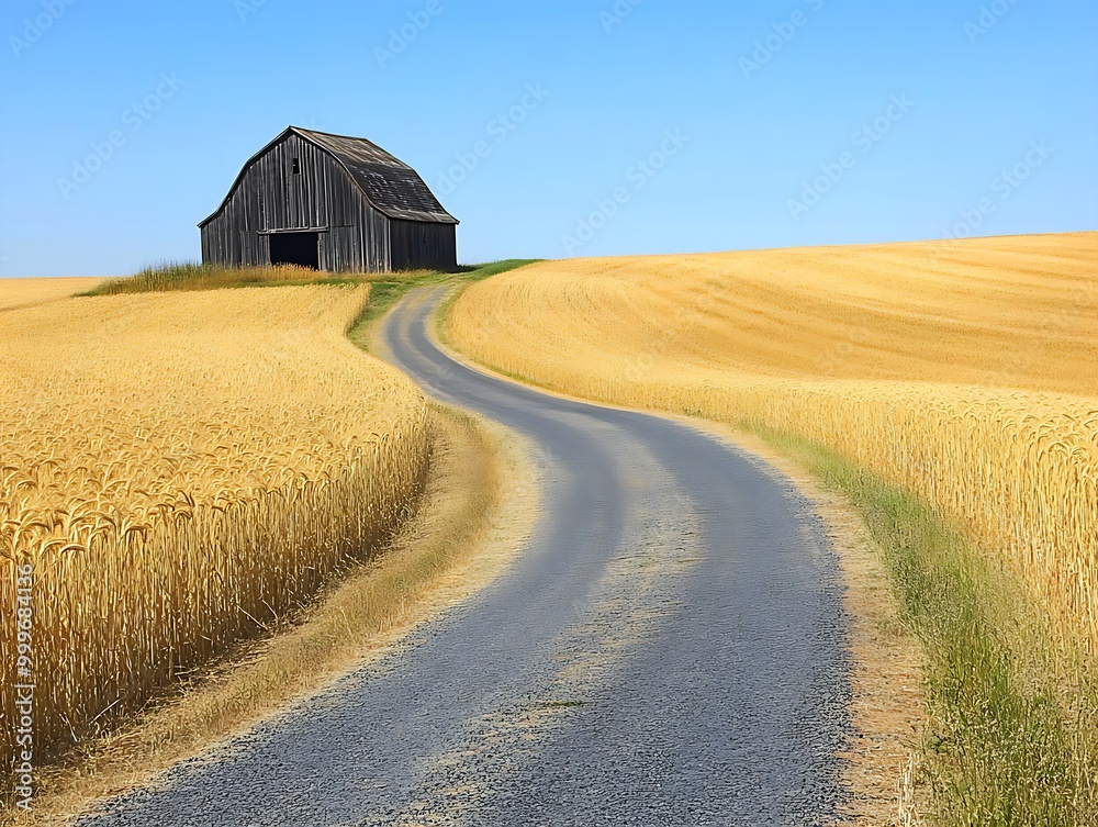 Narrow country roads wind through golden wheat fields against a ...