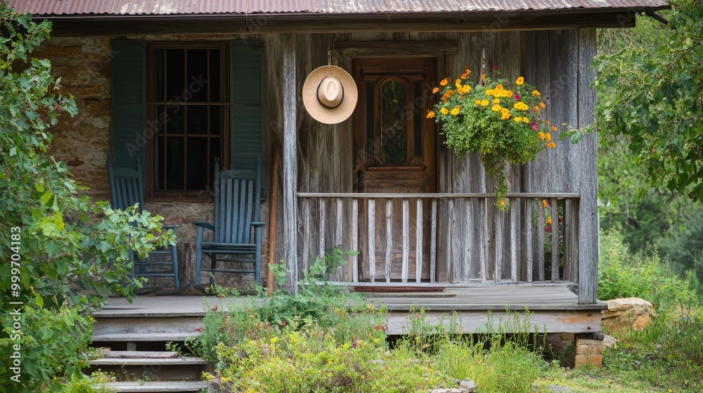 A rustic roadside inn with a charming porch, where an old-fashioned hat ...