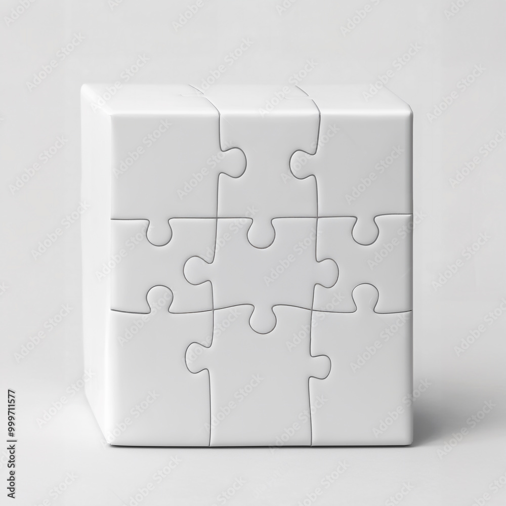 mock-up, white rectangular cube box, composed of jigsaw puzzle pieces ...