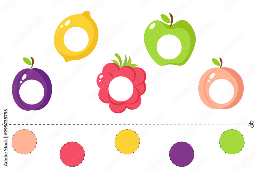 Cut and paste colorful circles onto the fruit. Learning to cut. Game ...