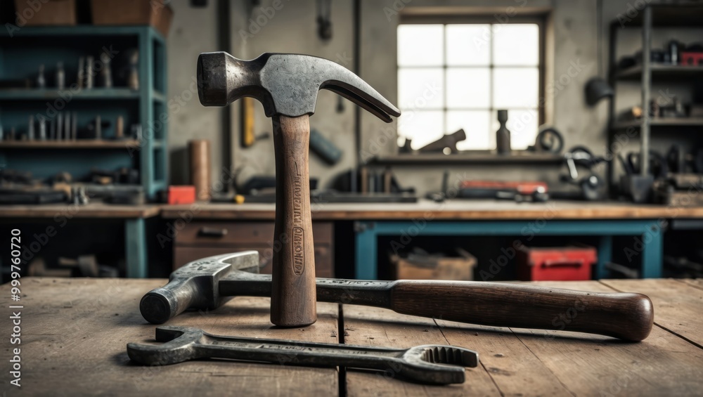 Rustic workshop scene featuring hammer and wrench on wooden workbench ...