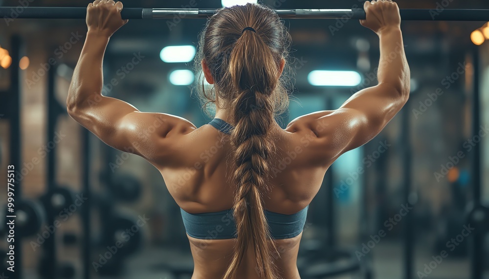Strong woman lifting herself on pull-up bar in gym. Back view shows ...