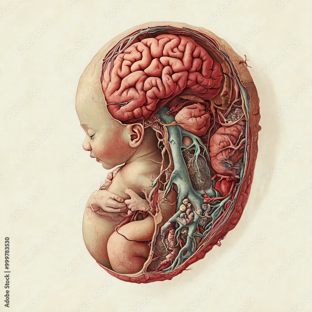 Intricate Illustration of Human Fetus in Utero with Umbilical Cord, Placenta, and Development ...