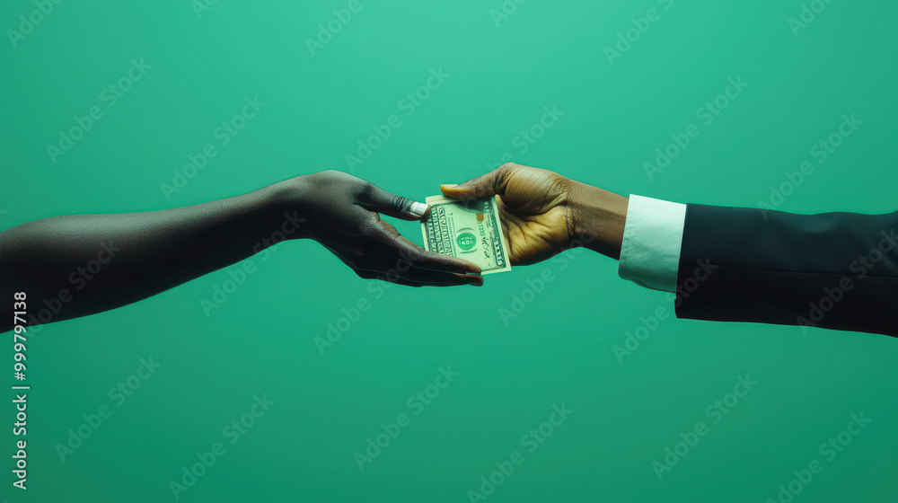 image depicts hands exchanging dollar bill against vibrant green ...
