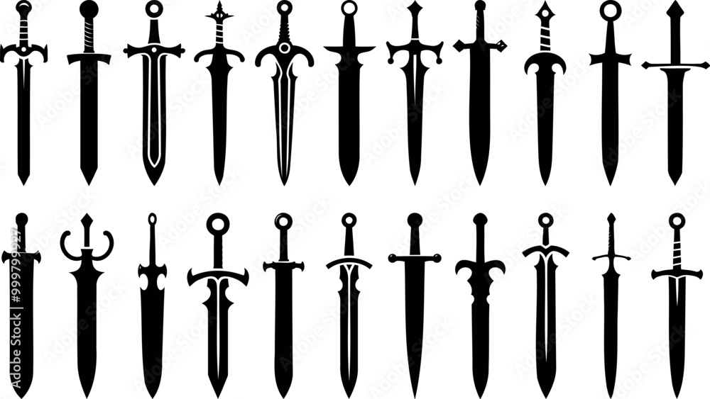 Sword silhouette collection, swords vector illustration. Medieval sword ...