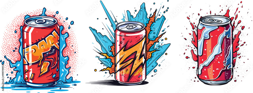 three soda cans in various stages of being pierced and exploding with ...