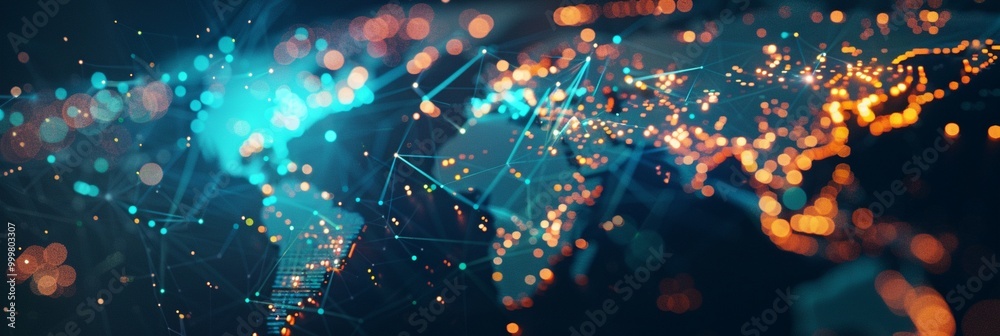 Futuristic Global Network Visualization With Glowing Nodes And Connections Representing Digital
