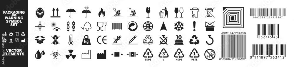 Packing symbol for cardboard boxes and warning symbols. Big set of ...