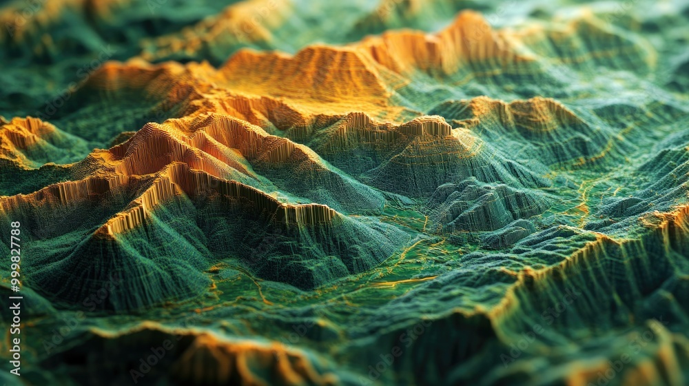 Complex GIS geodata visualization featuring a terrain model with contour lines and elevation ...