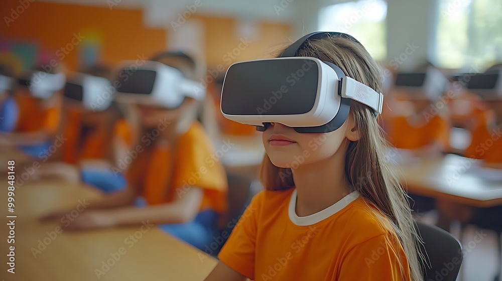 Children in a classroom experience learning through virtual reality ...