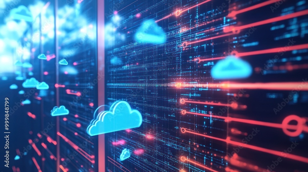 Information technology visual with cloud servers, data streams, and ...