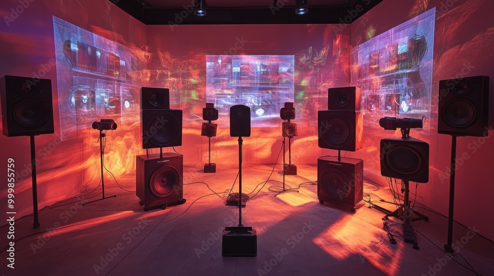 Sound art installation with speakers, microphones, and visual elements ...