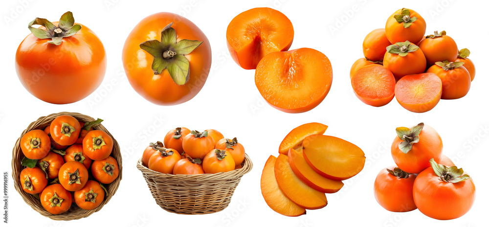 Persimmon Persimmons tropical fruit, many angles and view side top ...
