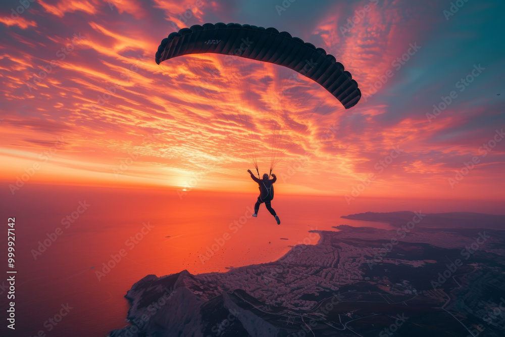Paraglider floats gracefully against stunningly vibrant sunset ...