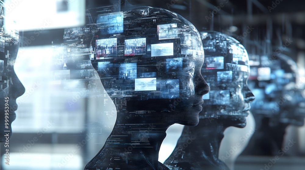 A figure with five heads, each looking at a different screen, but all ...