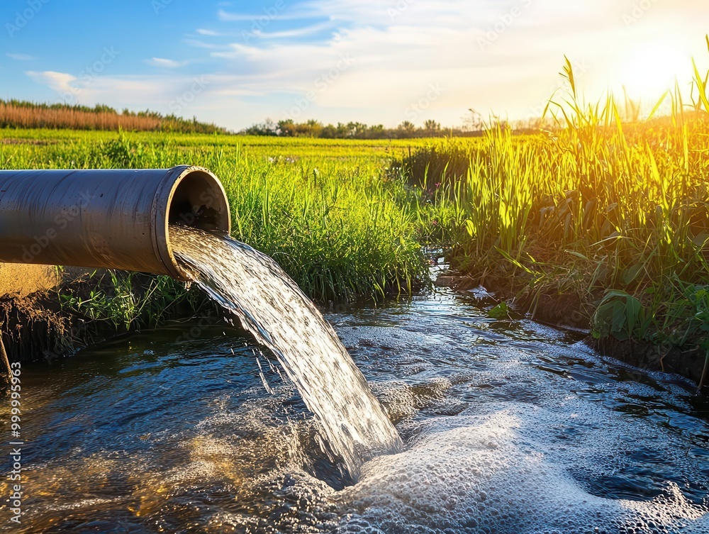 Crystal-clear water gushing from a large metal pipe into a serene field ...