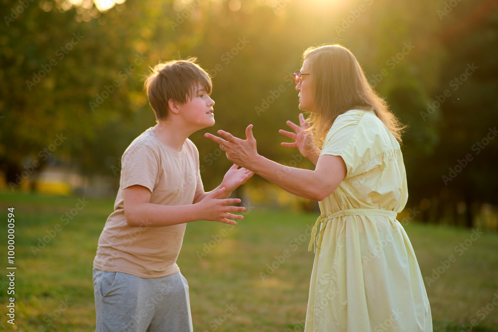 Mother arguing with teenage son outdoors in a park during sunset ...