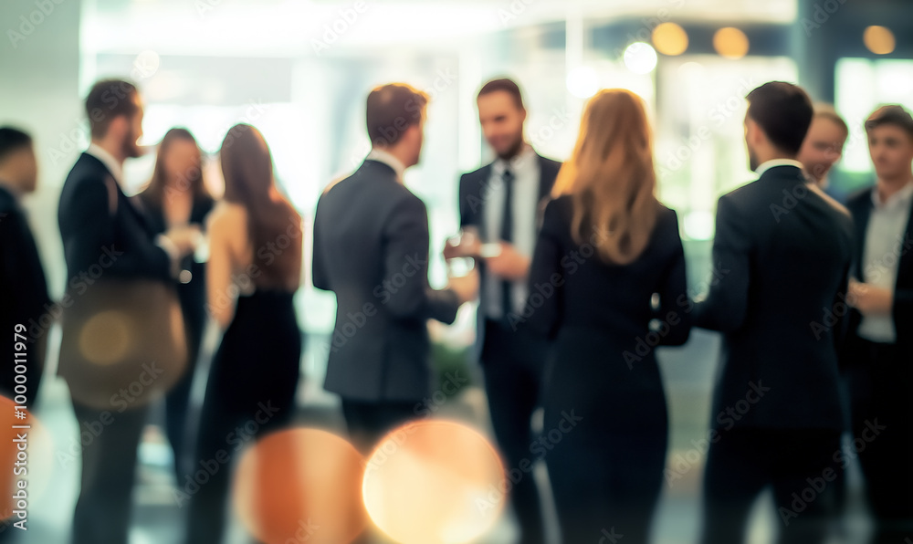 A blurred networking event with business professionals in formal attire ...