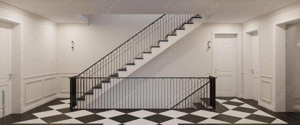 staircase in a modern house. 3D rendering Stock Illustration | Adobe Stock