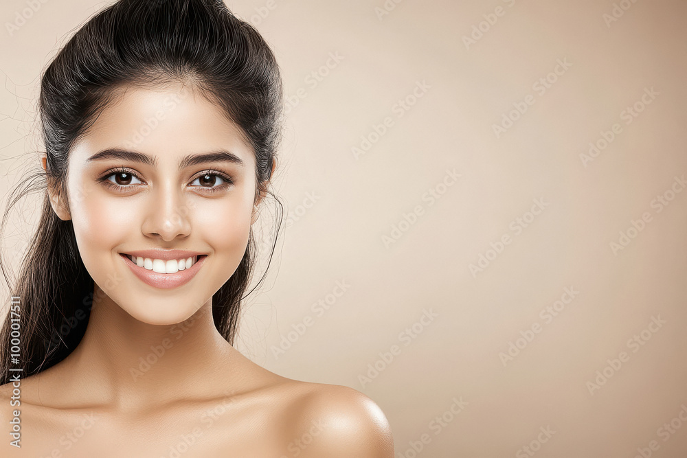 beautiful young indian woman with clean, fresh skin on a beige ...