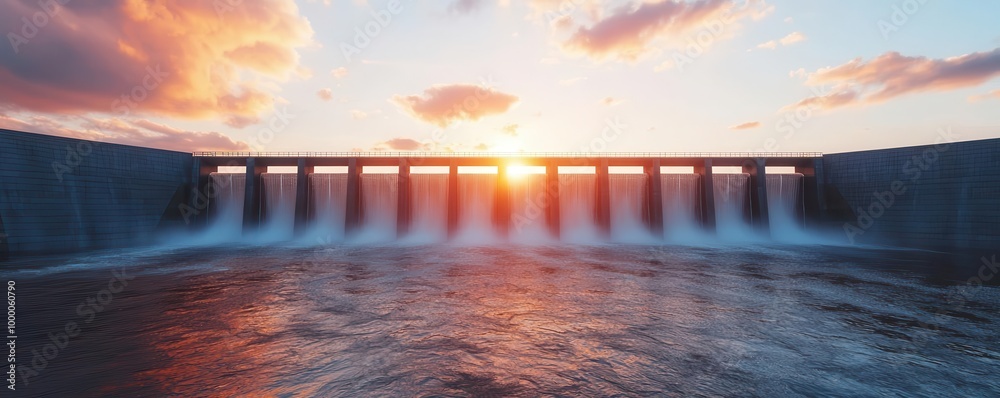 Massive dam releasing water through turbines at sunset, hydropower ...