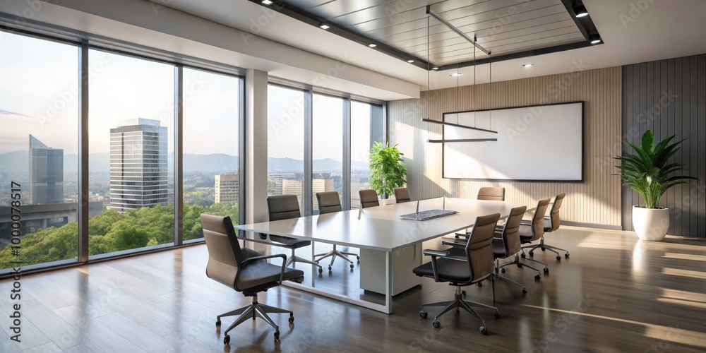 Modern Executive Conference Room with City View, Glossy White Table ...